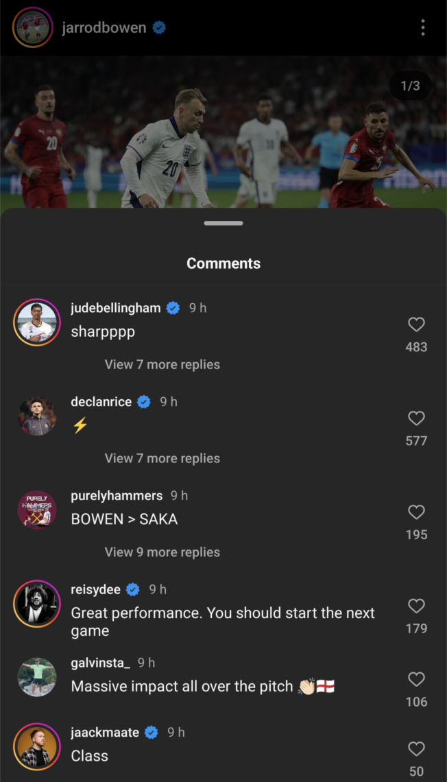 Jude Bellingham reacts with one word after West Ham star Jarrod Bowen’s ...